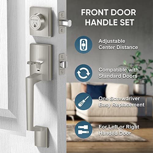 TICONN Front Door Handle Set, Heavy Duty Square Door Lever & Single Cylinder Deadbolt Combo Reversible for Entrance Exterior Doors (Satin Nickel)