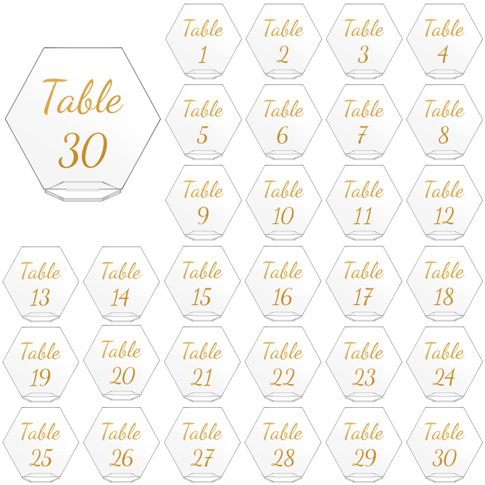 Zhanmai 30 Pcs Acrylic Table Numbers 1-30 for Wedding Table Numbers Hexagon Table Number Signs 5.5 x 5 Inch Clear Place Cards with Stand for Wedding Reception Events Party Restaurant (Gold Letter)