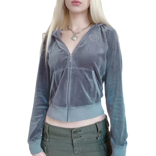 ZZEVOLSS Women's Vintage Star Print Zip Up Hoodies Y2K Graphic Aesthetic Hooded Sweatshirt Fairycore 90S Teen Girl Fall Jacket (cute velvet rhinestone heart grey,Small)