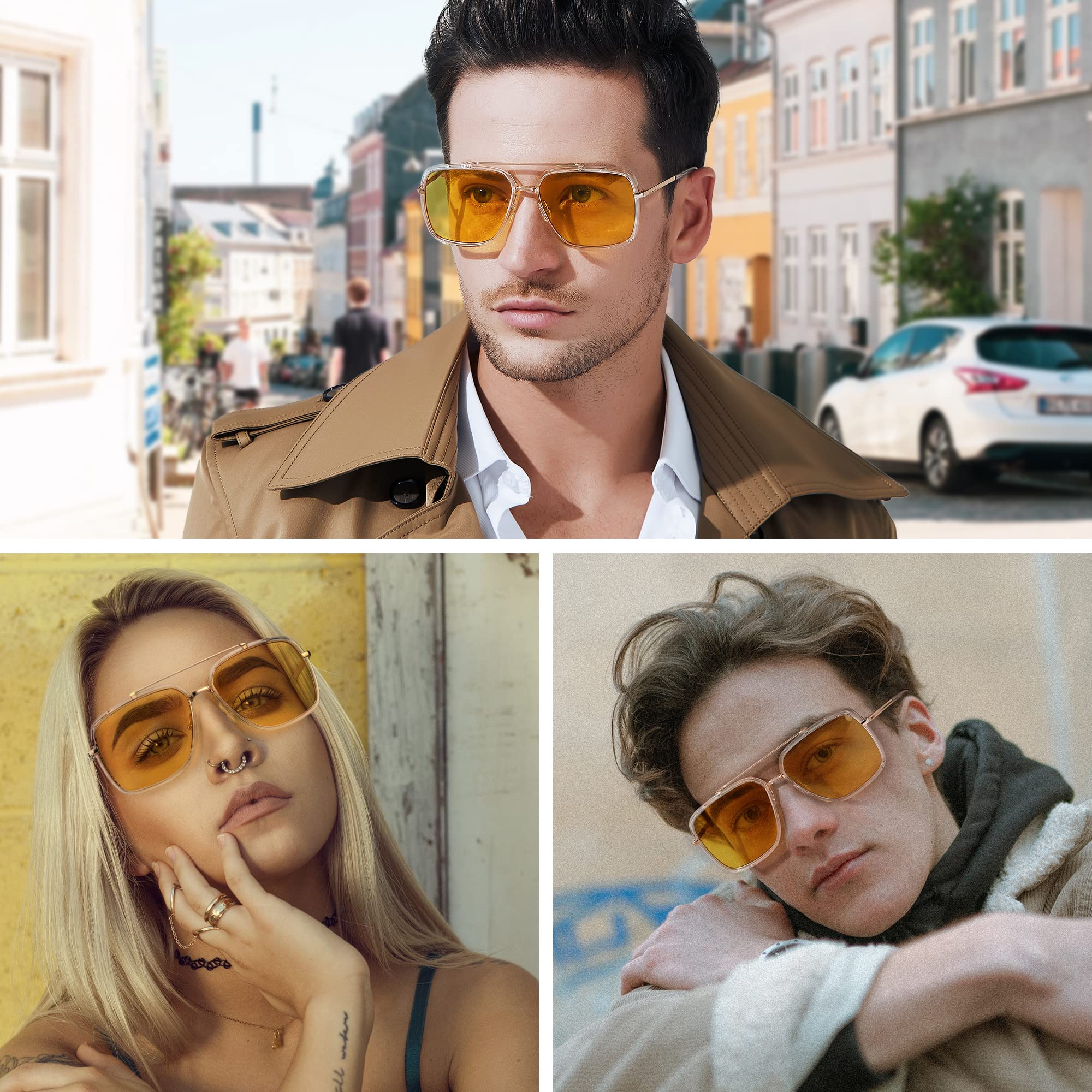 MAFEEDSS Retro 70s Aviator Sunglasses, Night Driving Glasses with UV Protection and Anti Glare, Yellow Lens Large Frame