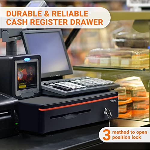 Tera 16 inch Auto Open Cash Drawer with Micro Switch Heavy Duty Insert Tray 5 Bill 8 Coin for POS System Removable Cash Tray Media Slot 24V RJ12 Key-Lock (Round Corner) for Small Business Retail 405R