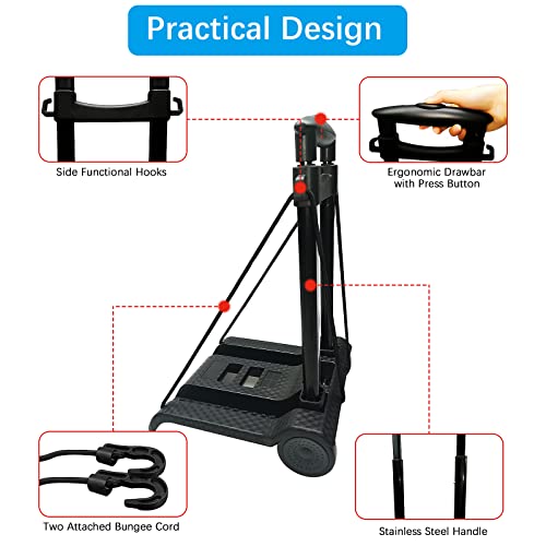 Portable Folding Hand Truck Lightweight Trolley Compact Utility Cart with 50kg/110lbs Heavy Duty 2 Wheels Solid Construction Adjustable Handle for Moving Travel Shopping Office Luggage Use(BY07-Black)