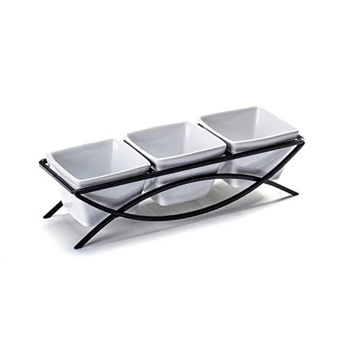 UNICASA Square Ramekin Bowls 10 oz, Condiment Serving Tray with Metal Rack Stand - Chips and Dips Snack Tray for Party - White Side Dish for Appetizer, Fruit, Nuts, Ice Cream, Candy
