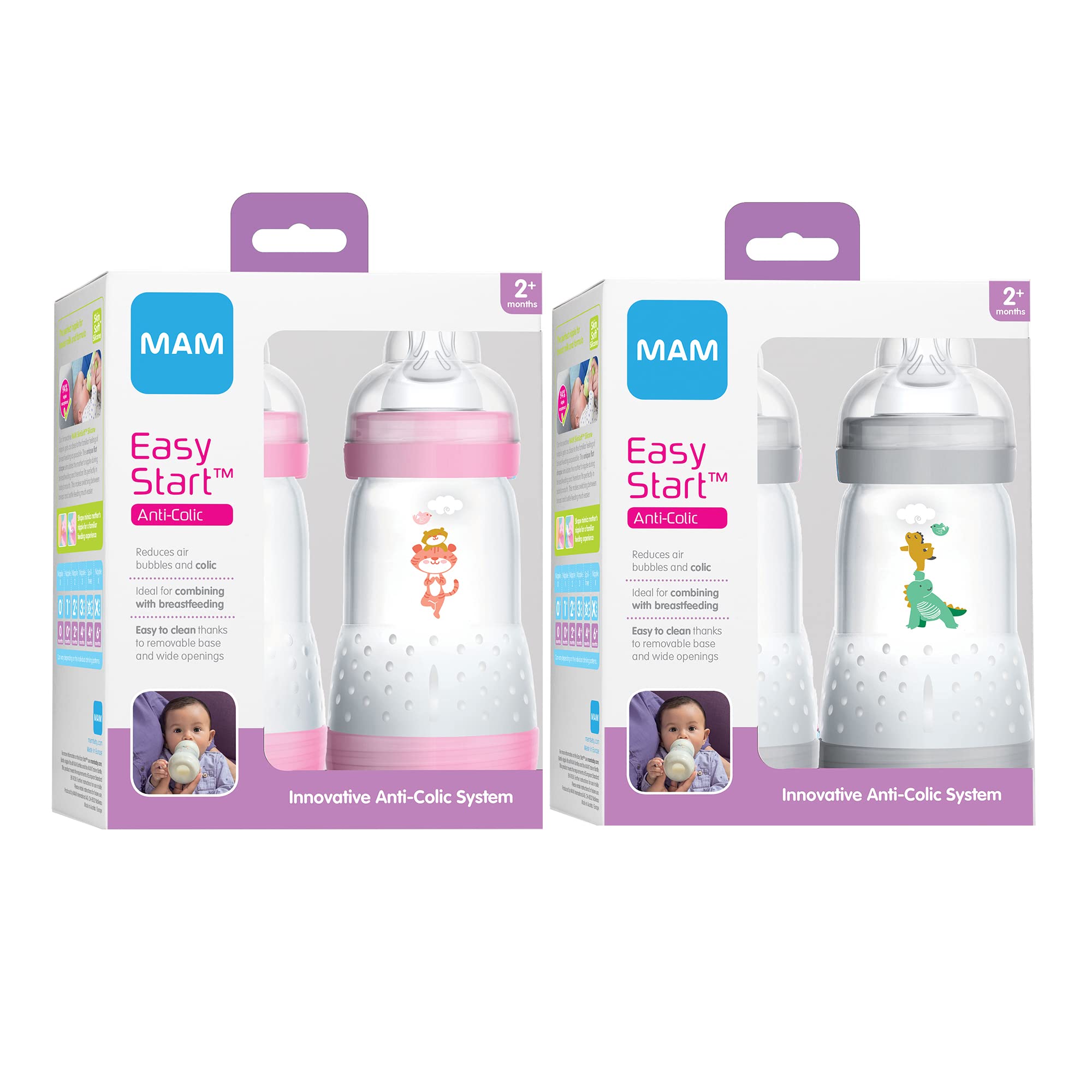 MAM Easy Start Anti-Colic Medium Flow Bottles 9 oz (4-Count), Gray and Pink