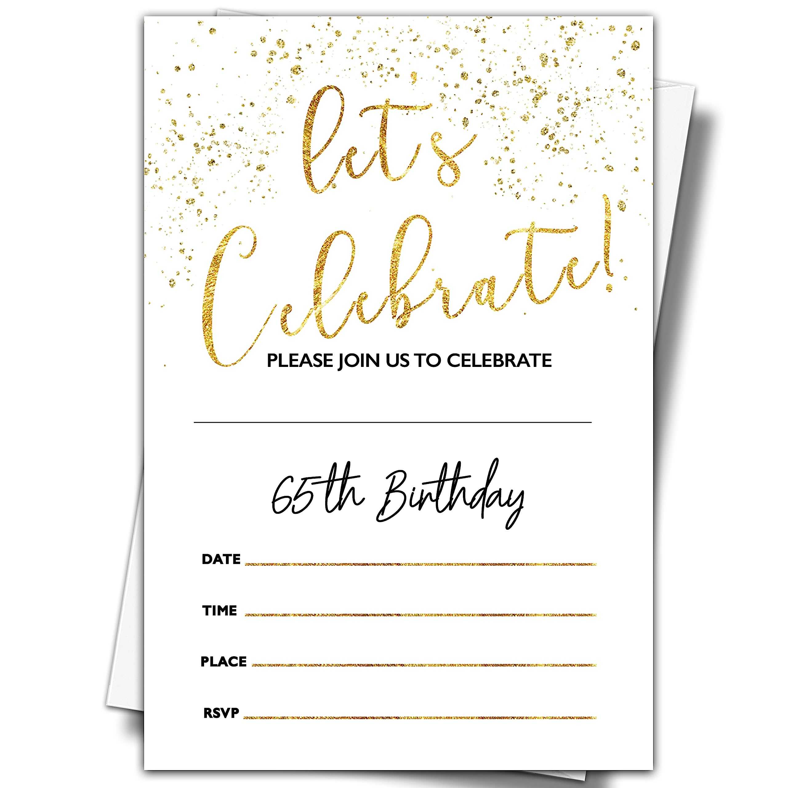 YSTEP 65th Birthday Party Invitations, 20 Invite Cards with Envelopes, 4" x 6" White and Gold Confetti Birthday Invites - C28