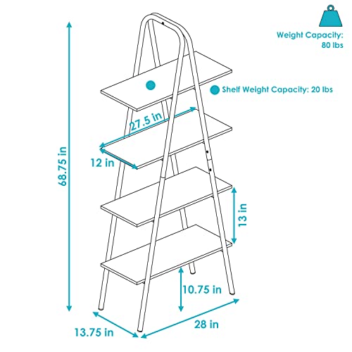 Sunnydaze 68.5-Inch H 4-Tier Industrial-Style A-Frame Ladder Shelf - MDP Shelves with Powder-Coated Steel Frame - Brown