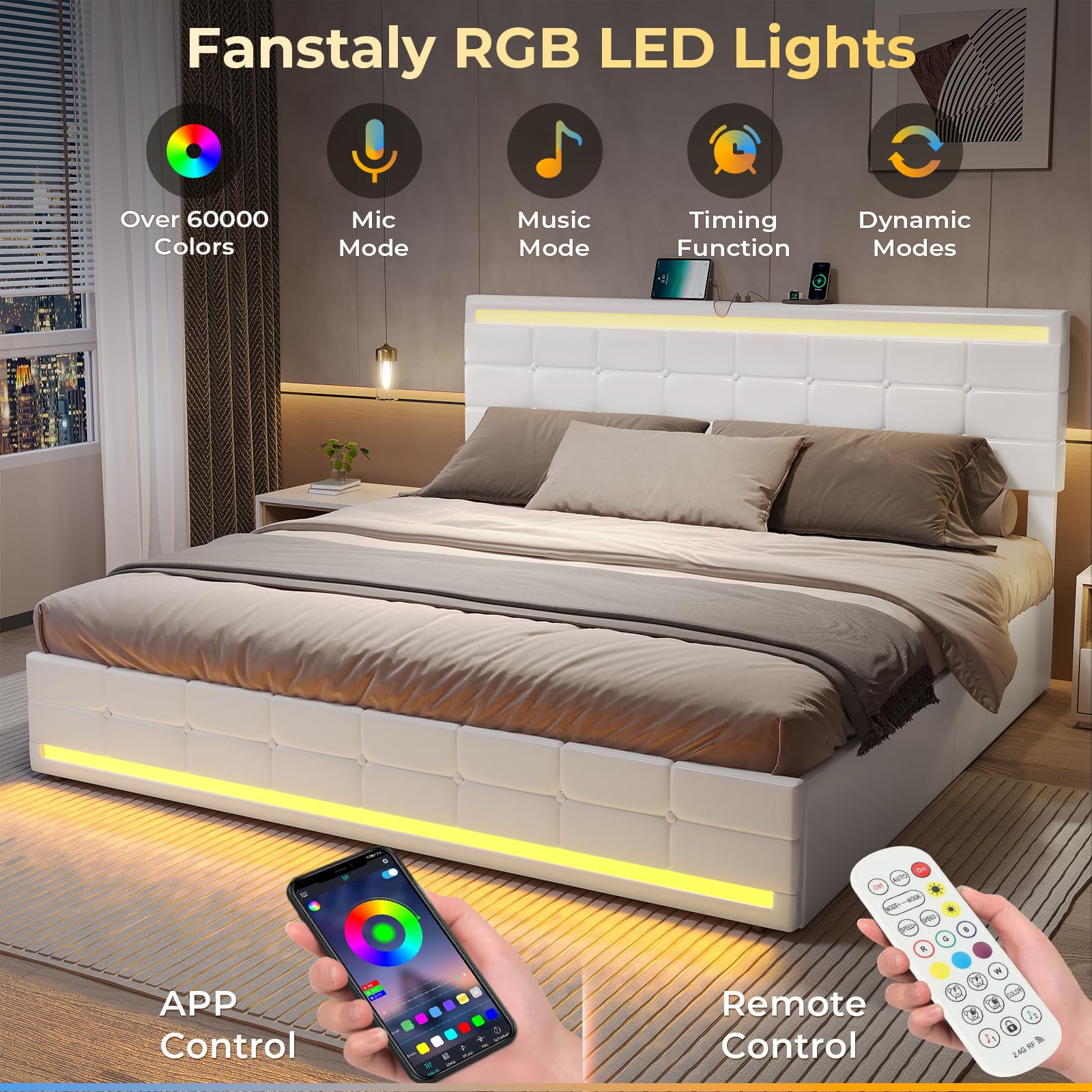 HAUOMS King Bed Frame with LED Lights Leather Platform Bed with Storage Drawers and Charging Station, LED Bed Frame King Size with Adjustable Headboard, No Box Spring Needed, White