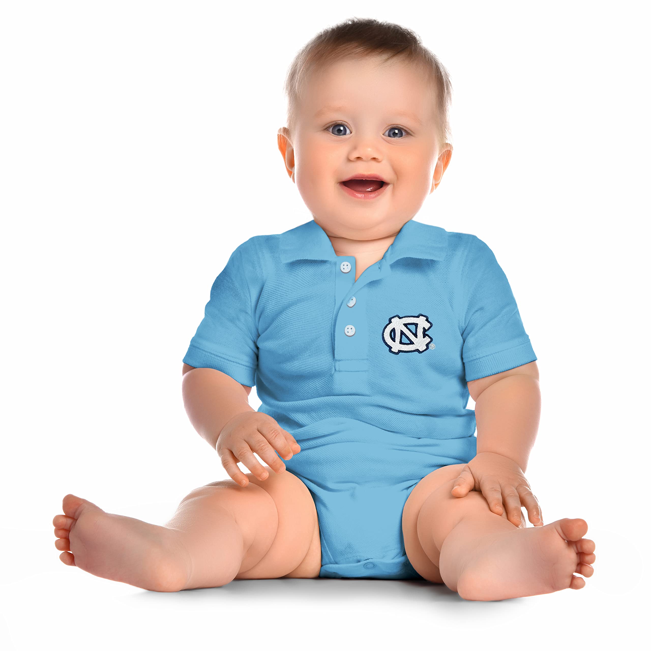 Little King NCAA Short Sleeve Polo Bodysuit Romper-North Carolina-Carolina Blue-18 Months
