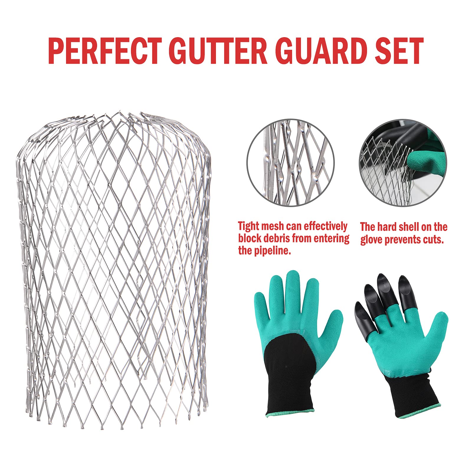 HQZ 6 Pack Gutter Guards & Gloves Set, Stainless Steel Gutter Leaf Guards Gutter Strainer, Leaf Filter Gutter Protection for Stopping Blockage Leaves and Debris(4 inch)