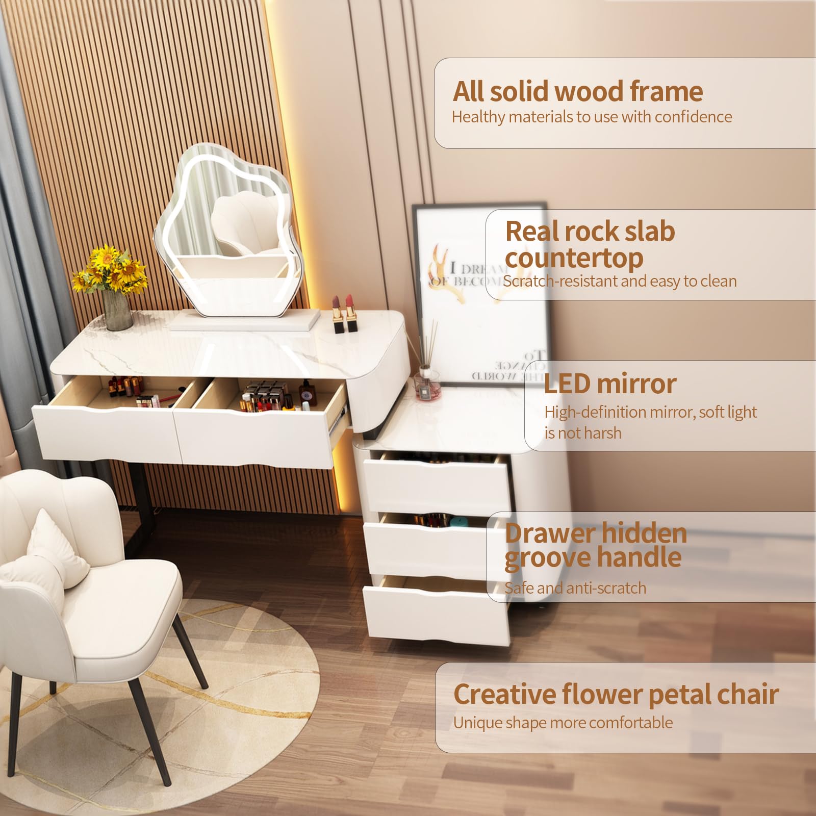 Hunlyman Makeup Vanity Desk, Modern Style Makeup Table Made of Solid Wood,Including Rotatable/Removable Touch Screen HD LED Mirror(3-Brigntness) and Soft Chair,Family Bedroom (39 Inch/100CM)