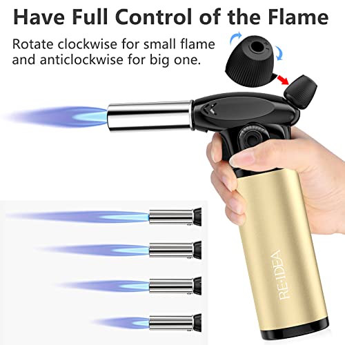 REIDEA Kitchen Torch, Butane Refillable with Automatic Safety Lock, Large Capacity, Adjustable Flame, Torch Lighter for Creme Brulee, BBQ and Baking, T2(Butane Gas Not Included)