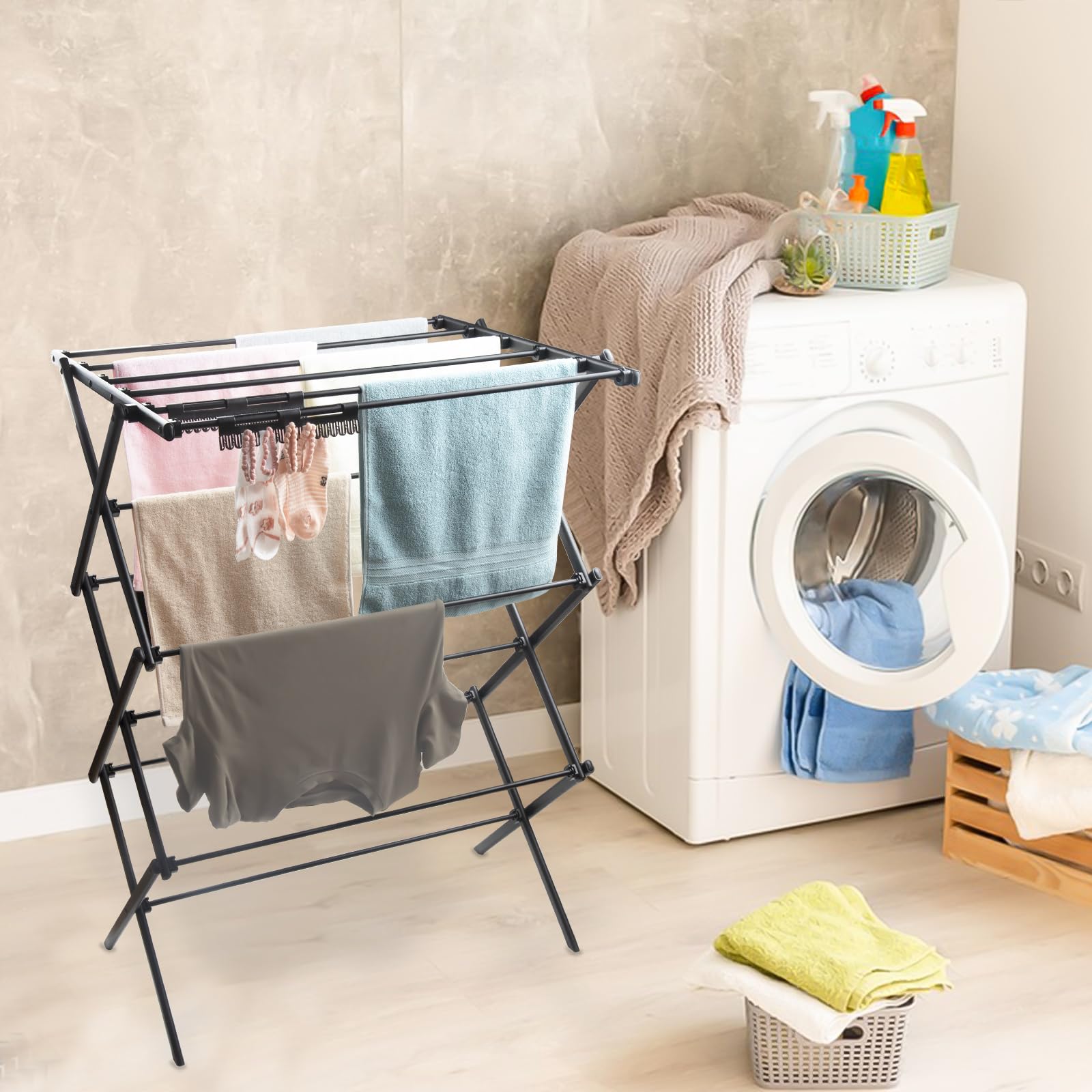YUBELLES 3 Tiers Foldable Clothes Drying Rack, Vertical Laundry Rack Portable and Collapsible for Storage Indoor Outdoor,Pure Black