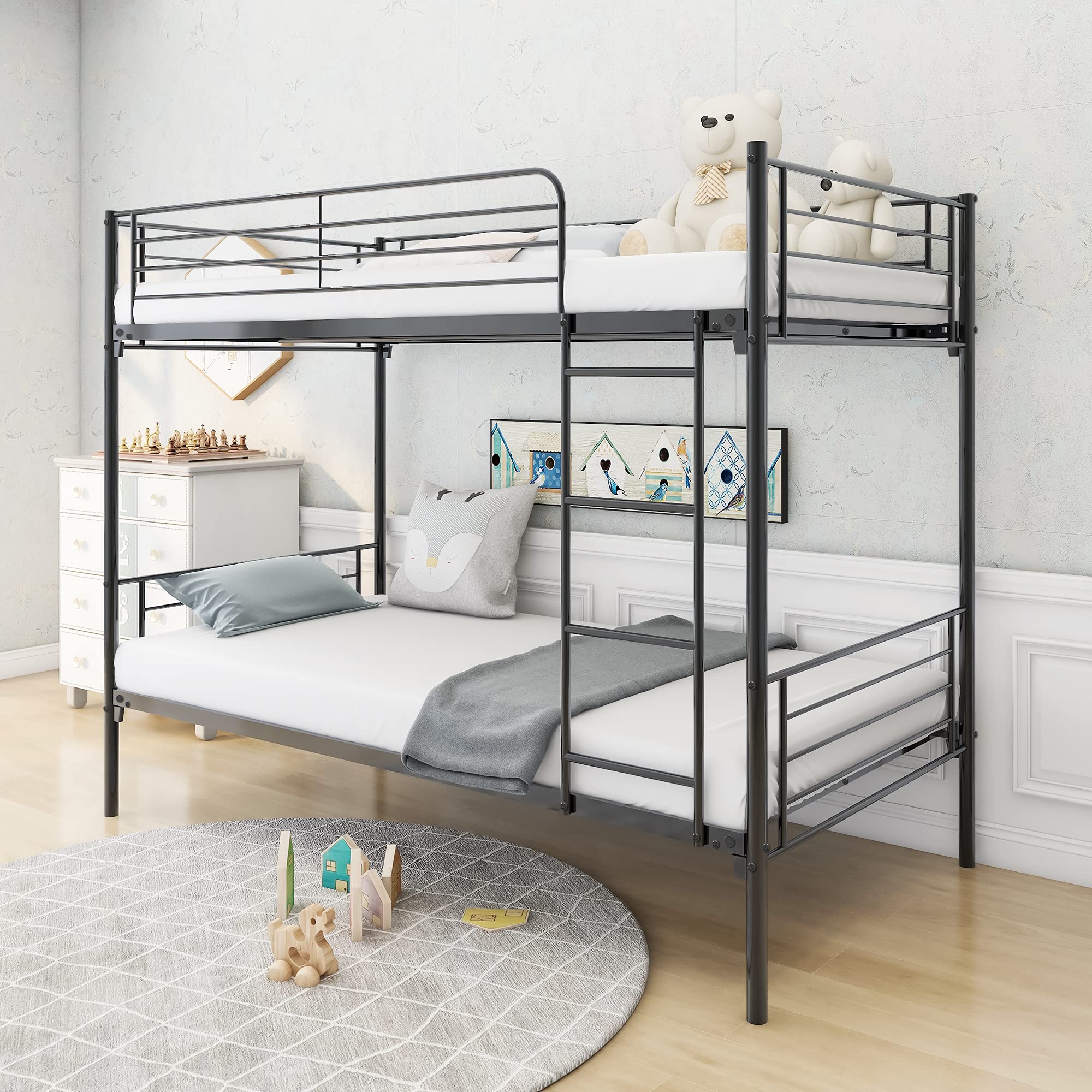 HAUSHECK Metal Bunk Beds Twin Over Twin Size, Bed Frame with Removable Ladder & Enhanced Upper-Level Guardrail, Space-Saving, No Box Spring Needed, Heavy Duty Sturdy Frame for Junior & Adults