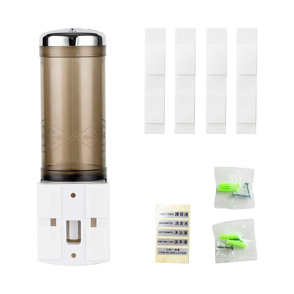 YISMAN Adhesive Soap Dispenser 300ML Drill Free with Adhesive or Wall Mount with Screws,Manual Dispenser Shampoo Shower for Kitchen Bathrooms,Chrome, 1-Chamber, Gray, DDZYQ-1
