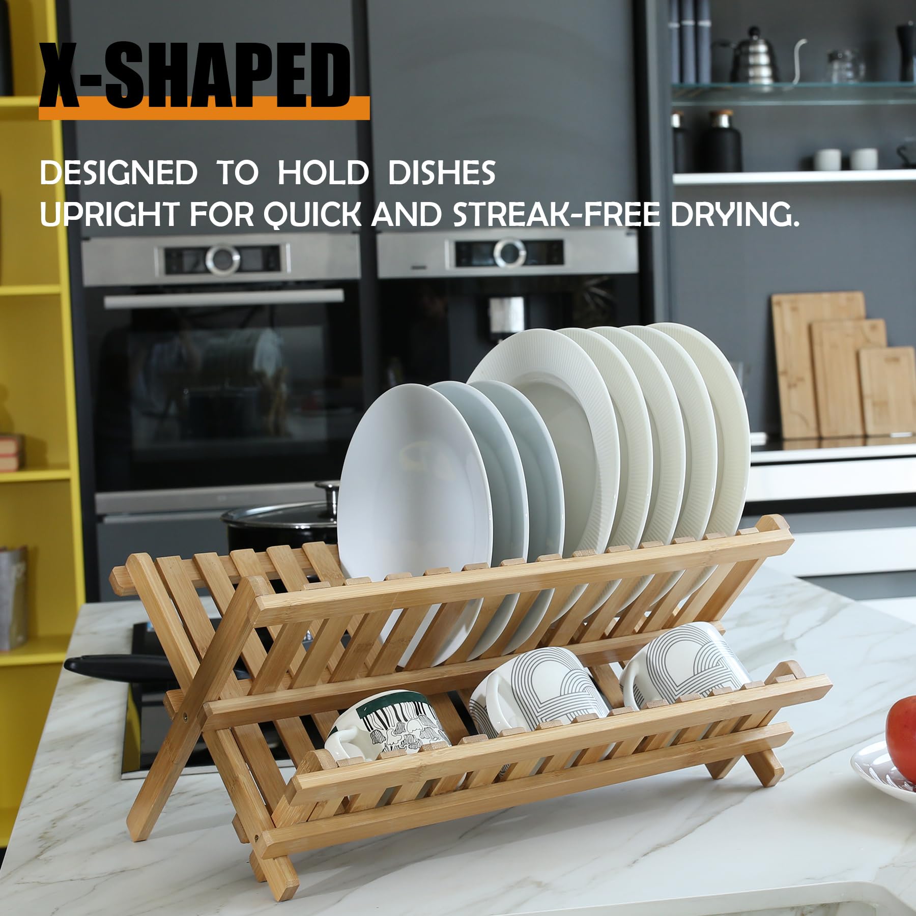 KAEASOUS Bamboo Dish Drying Rack - Large 2 Tier Wooden Dish Drying Rack for Kitchen, Wooden Plate Rack with Foldable Design, Drying Rack for Dishes, Utensils and Cups, Folding Dish Rack for Kitchen