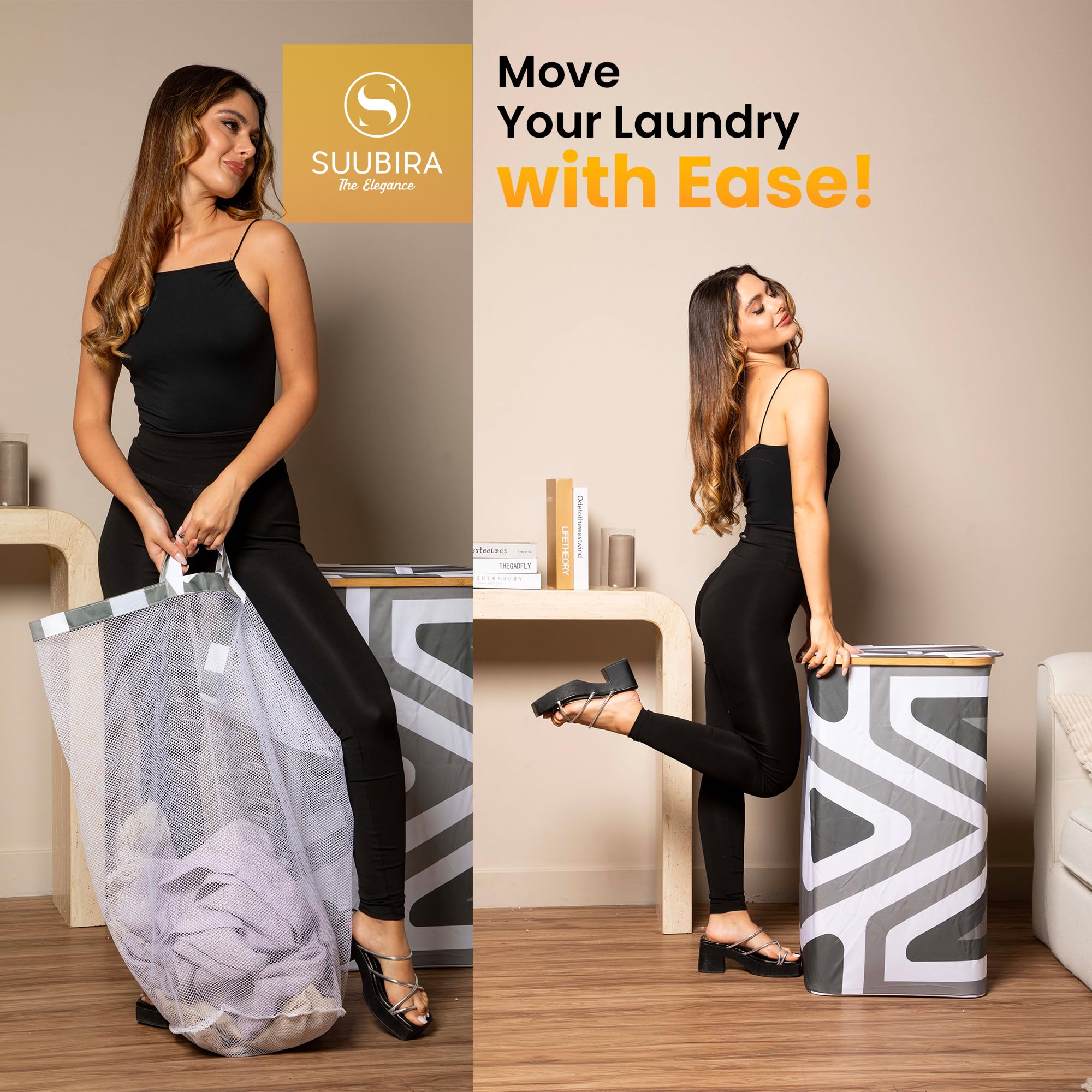 SUUBIRA Laundry Hamper with Lid β Dirty Clothes Hamper with Bamboo Handle β 100L Modern Hampers for Laundry β Collapsible Laundry Basket with Lid and Removable Mesh Bag