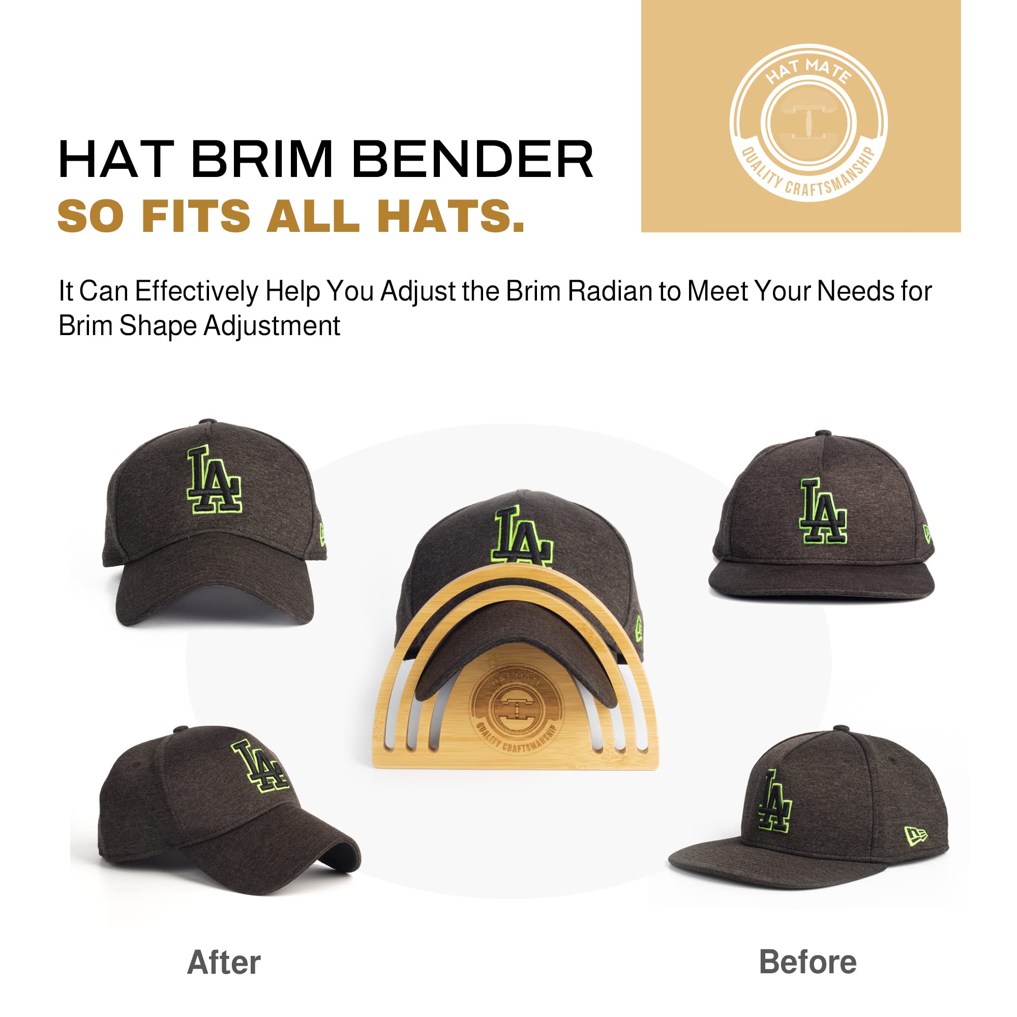 Premium Hat Brim Bender, FREE Hat Brush with 2 Bill Bender Tools, Bamboo Design with 3 Shaper Options, Steaming Optional, Hat Curving Band, Baseball Cap - US Patent Pending