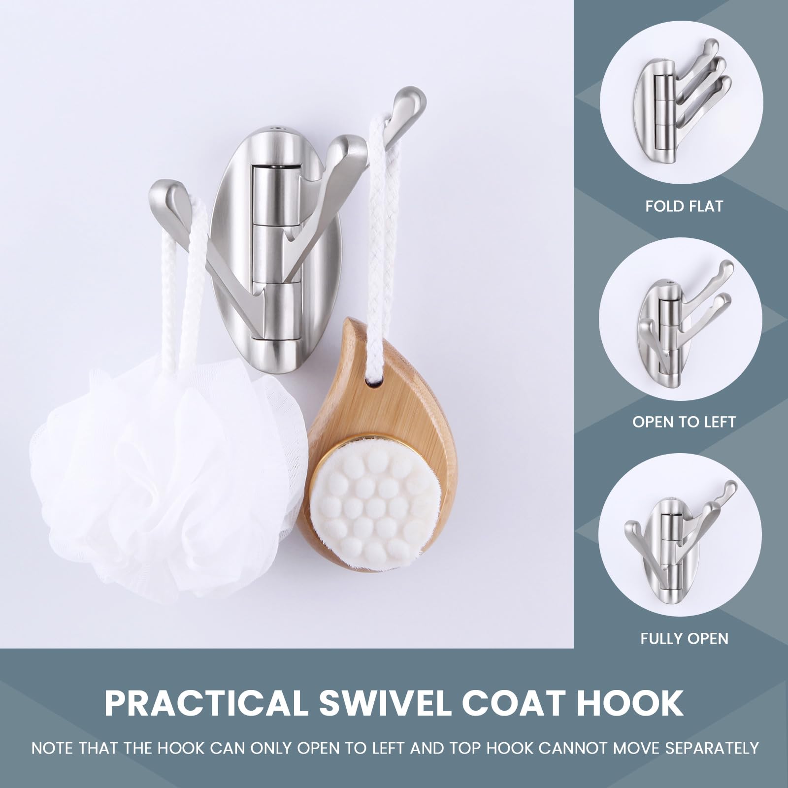 Suyar Brushed Nickel Bathroom Towel Hook, Solid Metal Robe Holder 3 Swivel Foldable Arms, Flexible Rotating Towel Hook for Hanging Coat Clothes, Wall Mounted