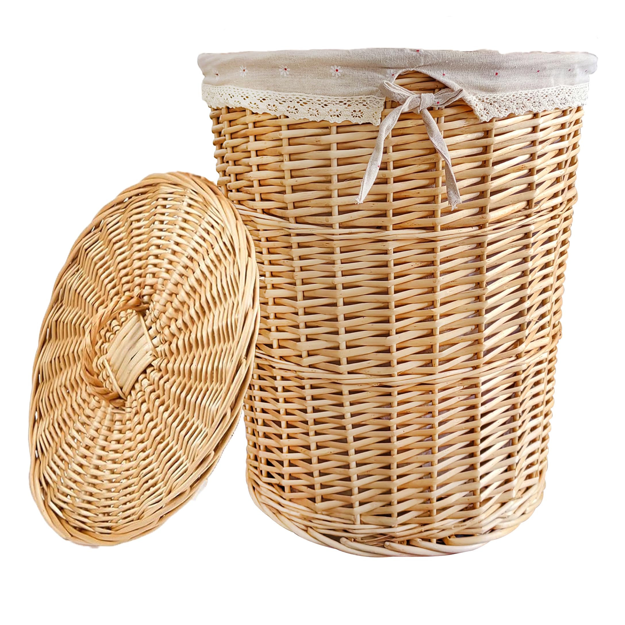 Winsterch Handwoven Laundry Hamper,Wicker Laundry Basket with Lid and Handles,Dirty Clothes Hamper Laundry Basket with Removable Liner Bag,Laundry Basket (Round)
