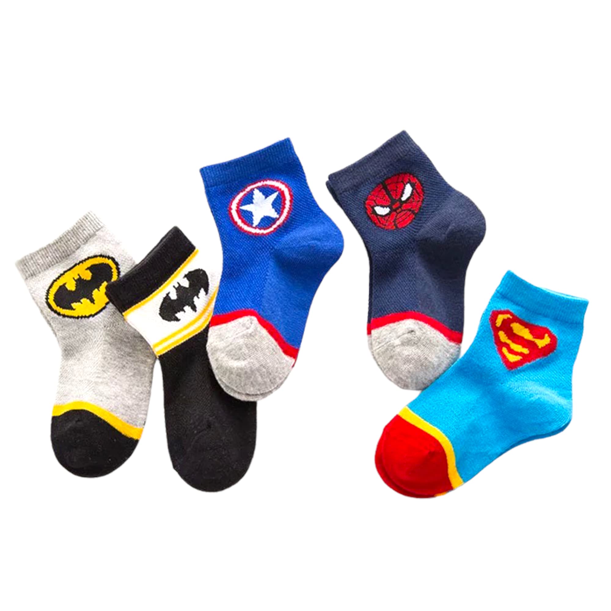 ONDEMAND GLOBAL Mr. Mengty Socks Superhero Cartoon Socks for Boys Kids | Kids Boys Fun Design Low Cut Athletic Socks 5 Pack (Small)