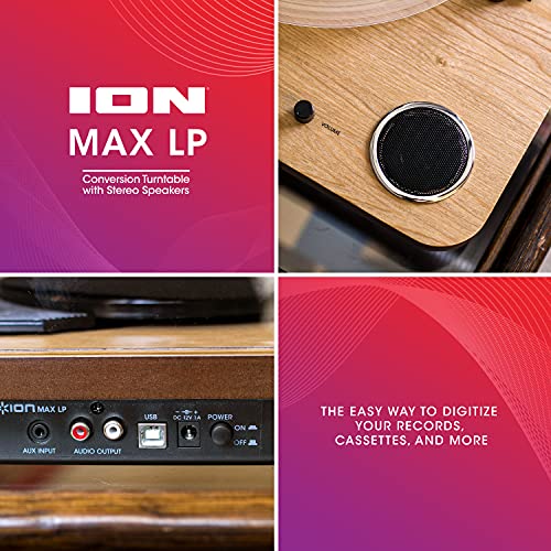 ION Audio Max LP β Vinyl Record Player / Turntable with Built In Speakers, USB Output for Conversion and Three Playback Speeds β Natural Wood Finish