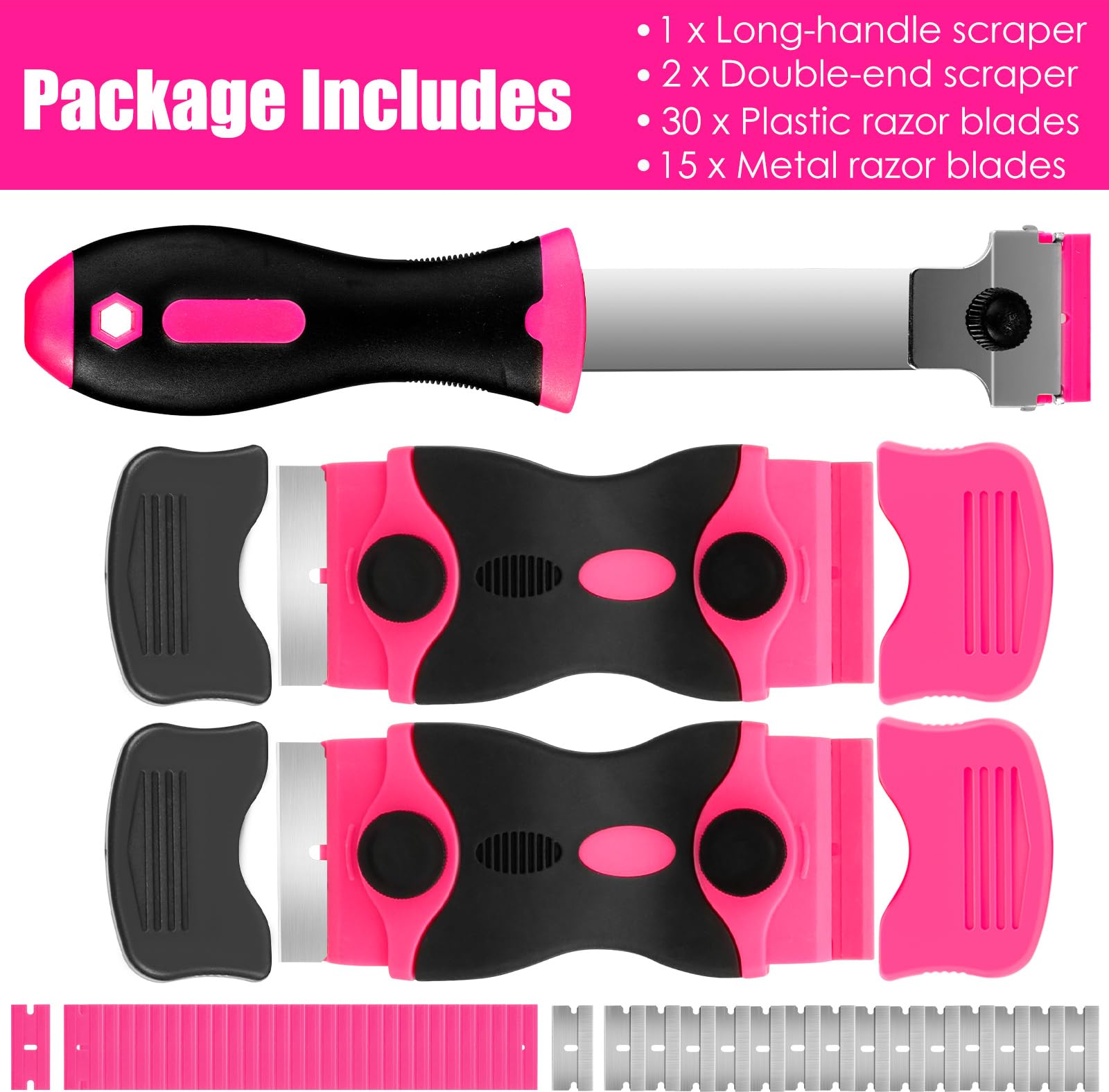 Razor Blade Scraper, THINKWORK 3Pcs Pink Razor Scrapers with 15pcs Metal and 30pcs Plastic Blades, Scraper Tool for Cleaning Paint, Decals, Adhesive, Caulk, Stickers, Glass, Labels, Window, Stovetop