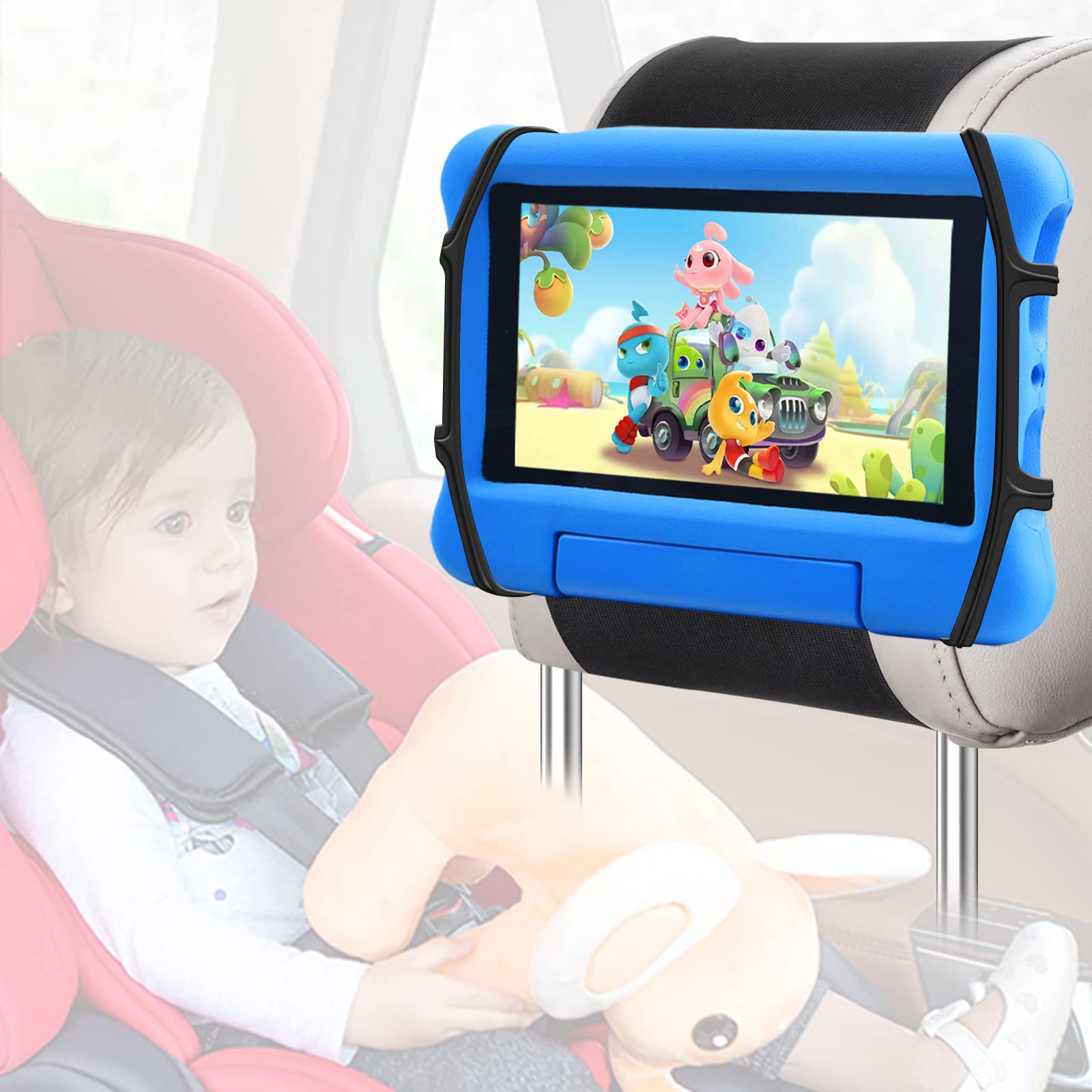 LONANDY Tablet Holder for Car, iPad Holder for Car Backseat Kids, Headrest Tablet Holder with Anti-Slip Strap & Silicone Holding Net, Angle-Adjustable/Fits All 7-12.9" Tablets