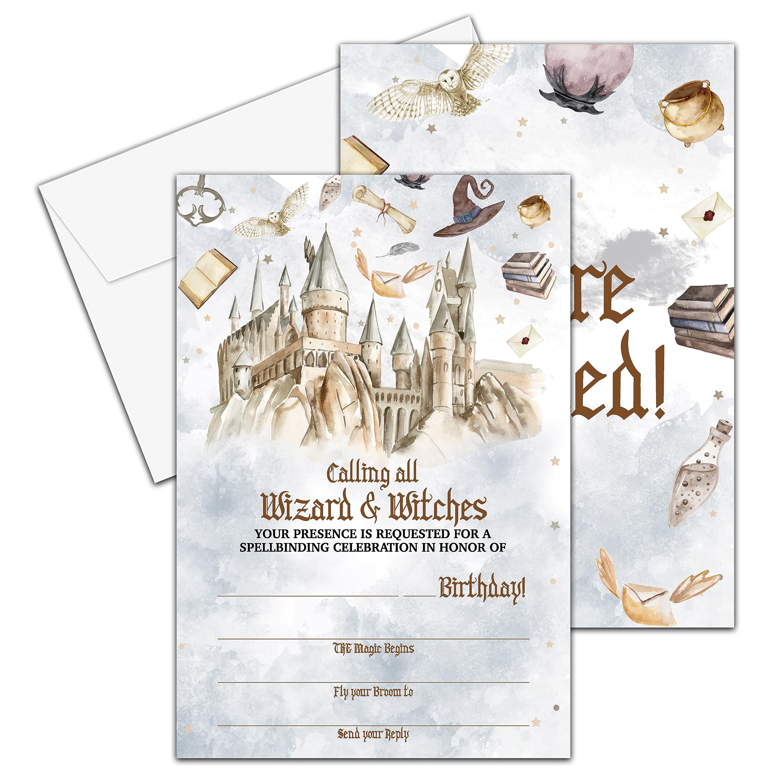 YQV Magical Wizard Birthday Invitations Cards, 4"x 6" Magician Owl Birthday Party Invites with Envelopes for Halloween Party Decorations Supplies (20 Pieces) - A02