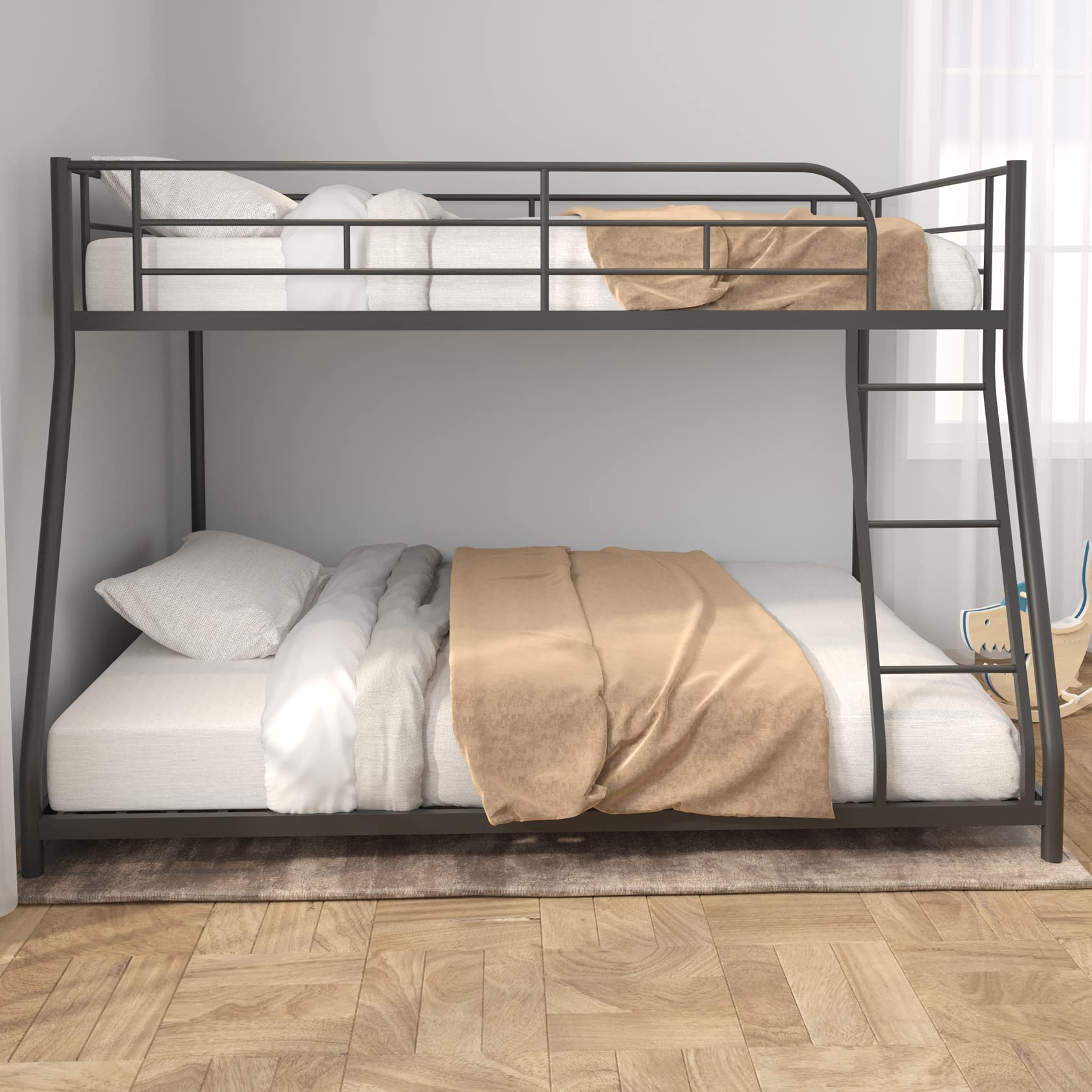 HUAYICUN Bunk Bed Twin Over Full Size with Ladder, Twin over Full Bunk Bed and Full-Length Guardrail, No Box Spring Needed, Noise Free