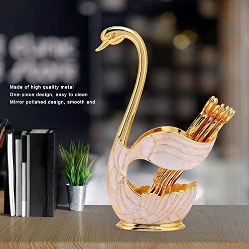 Metal Coffee Dessert Dinner Spoon Set, Teaspoon Fruit Dessert Flatware Swan Base Holder Metal Coffee Spoon Organizer with 6pcs Coffee Dessert Sugar Ice Cream Spoons (Gold)
