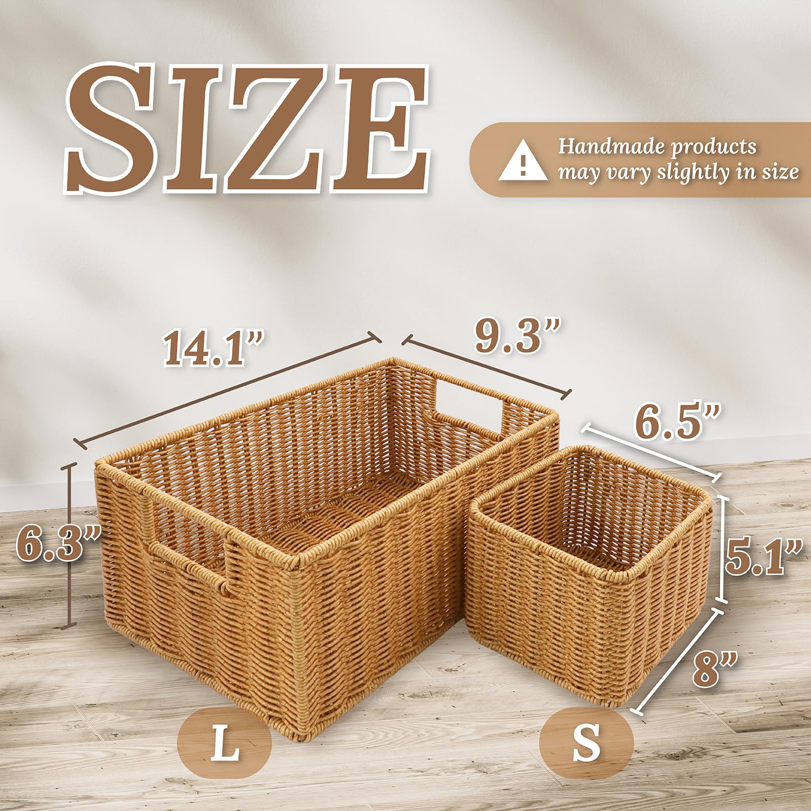 WeeNest Wicker Basket with Handle, Wicker Baskets for Organizing, Shelf Baskets, Shelf Baskets for Organizing, Woven Basket with Handles, Wicker Basket Organizers, Resin Wicker Set of 3, Latte