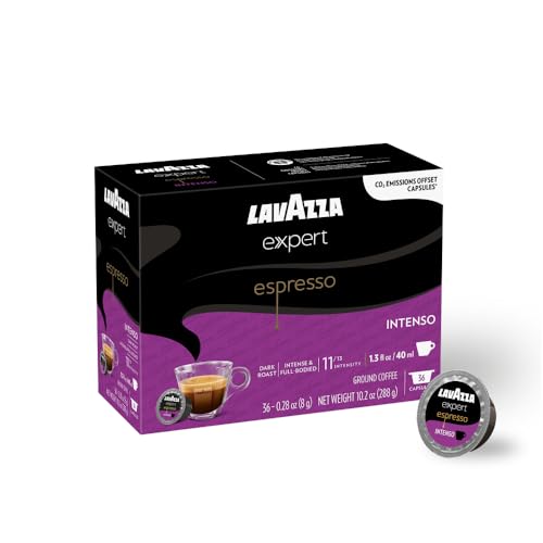 Lavazza Expert Espresso Intenso Coffee Capsules, Intense, Dark Roast, Arabica and Robusta, notes of dried fruit, Intensity 11 out 13, Espresso Preparation, Blended and Roasted in Italy, (36 Capsules)