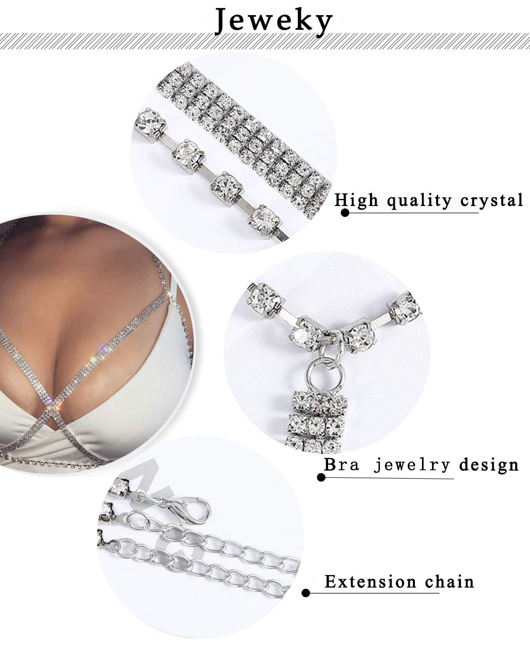 Jeweky Boho Crystal Body Chain Silver Rhinestone Harness Bra Jewelry Beach Bikini Body Jewelry for Women
