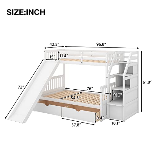 Twin Over Full Bunk Bed with 2 Drawers and Slide,Solid Wood Bunk Bed Frame with Convertible Storage Staircase for Kids, Teens Bedroom, Guest Room Furniture, No Box Spring Needed