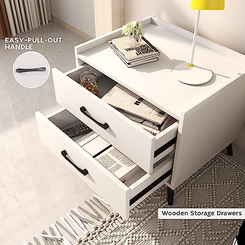 Youmumeub Nightstand with 2 Drawers White Besides Table for Bedroom Modern End Table for Bedroom Sofa Small Caninet with Solid Metal Legs