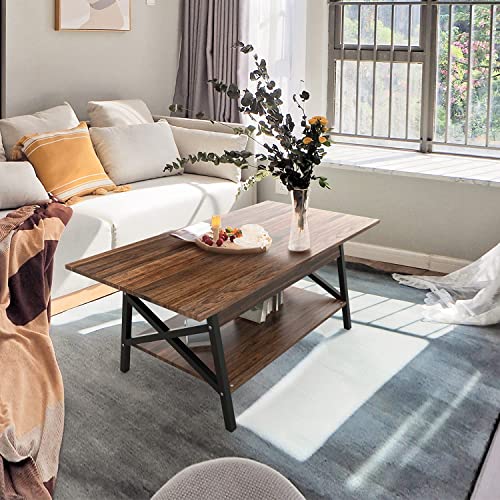 Yesker Farmhouse Coffee Table, Industrial Rustic Coffee Table Heavy Duty Two Tier Coffee Tea Table 45β with Shelf for Living Room, Accent Cocktail Table with Stronger Metal Frame Thicker Leg