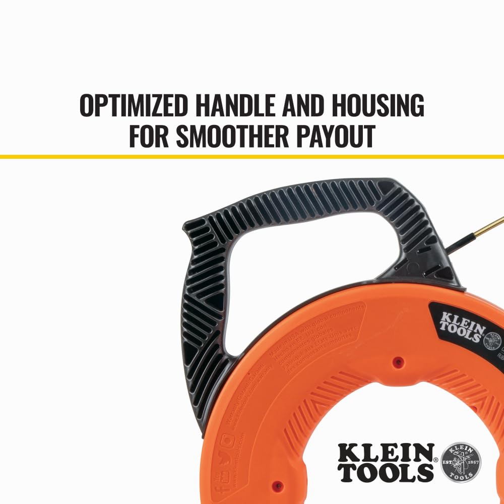 Klein Tools 56380 Non-Conductive Electrical Fish Tape, Multi-Groove Fiberglass Wire Puller with Steel Leader, 100-Foot x 3/16-Inch