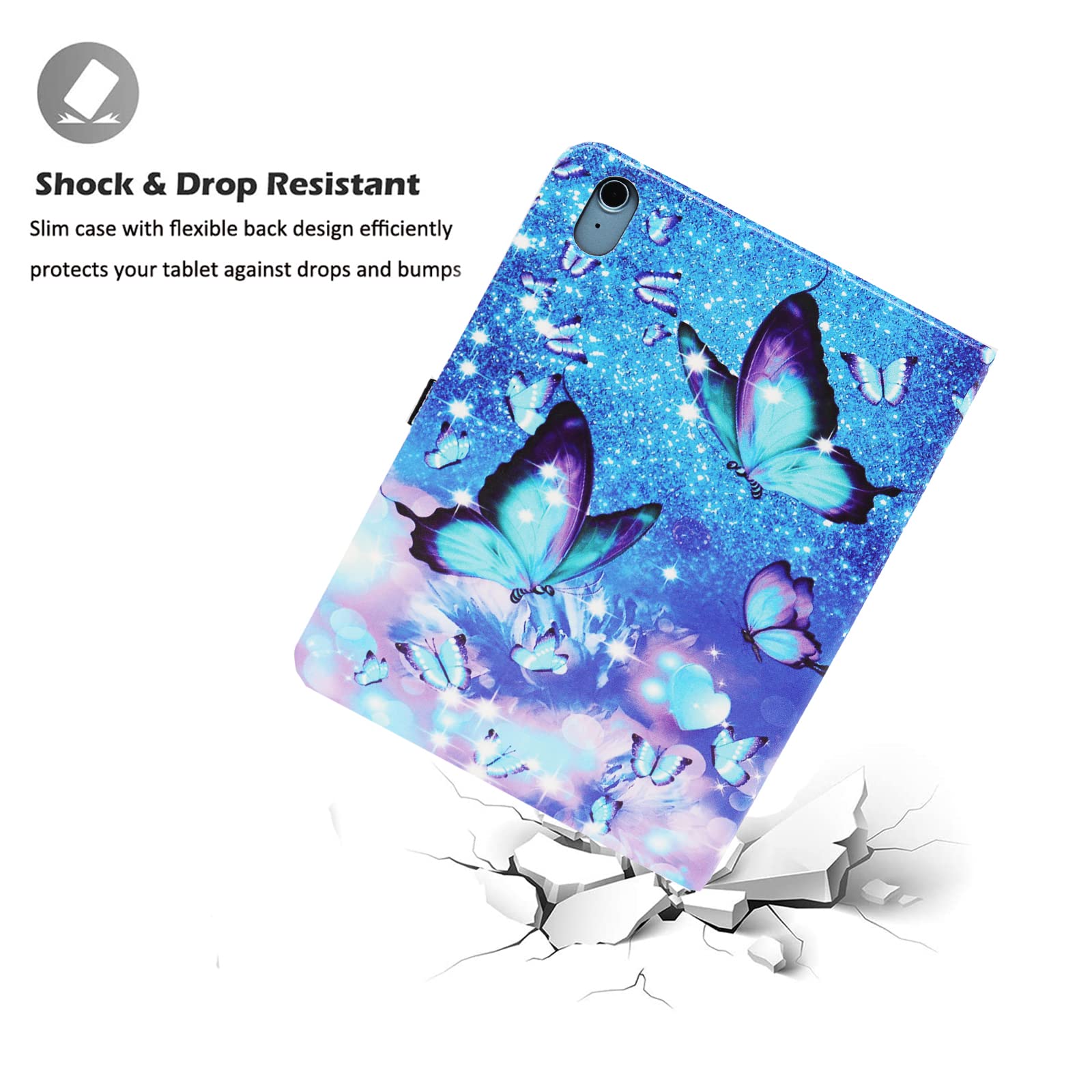 iPad 10th Generation Case 2022 iPad 10.9 Inch Tablet Cover, Viclowlpfe Slim Fit Lightweight Leather Smart Case with Auto Wake/Sleep for iPad 10th Gen 2022, Blue Butterfly
