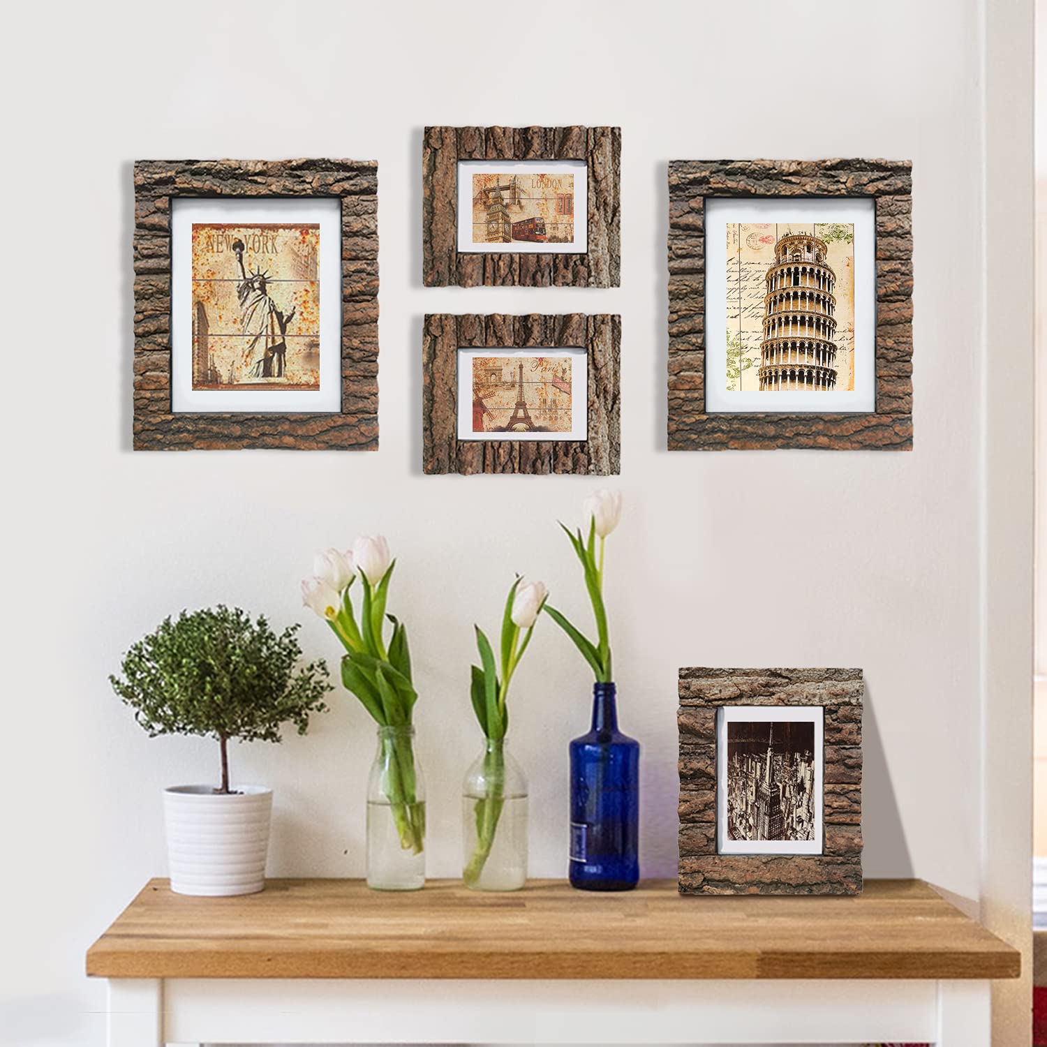 IKEREE 8x10 Rustic Wood Picture Frame with Real Bark,Solid Wood High Definition Glass,Tabletop or Wall Mounting for Farmhouse Decor.