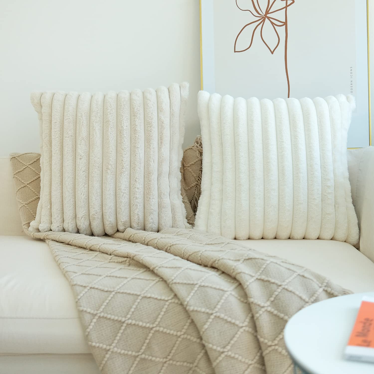 JOJUSIS Pack of 2 Faux Fur Plush Decorative Throw Pillow Covers Striped Couch Cushion Case Soft Fluffy Pillowcases(Beige, 18 x 18-Inch)