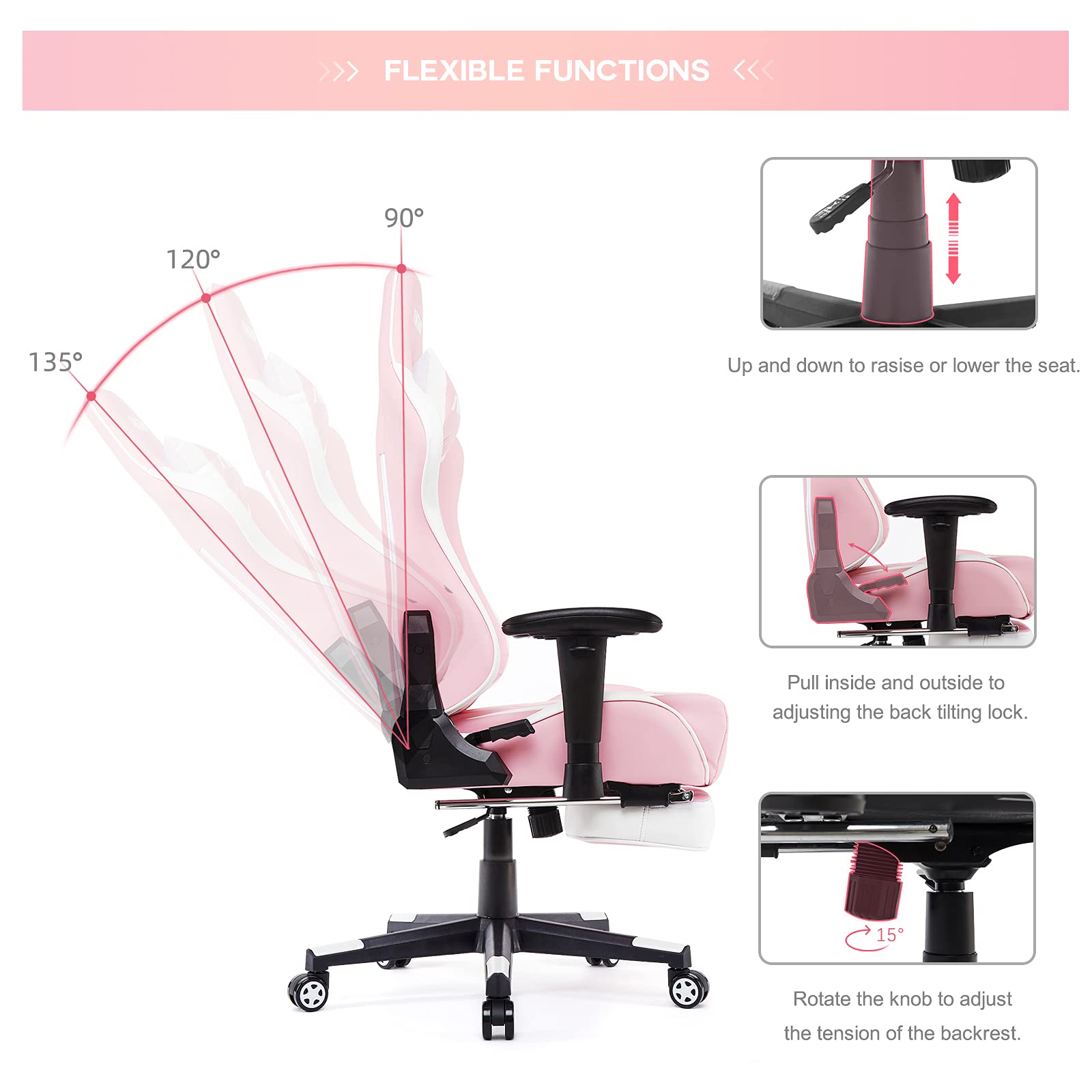IWMH Gaming Chair with Footrest Ergonomic, High Back Reclining Computer Desk Chair for Home Office, Adjustable Leather Racing Chair with Headrest Lumbar Support (Pink)
