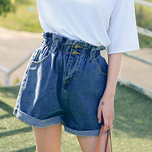 Sdeycui Women High Waist Bud Elastic Waist Wide Legging Solid Jeans Shorts(Dark Blue, XXL)