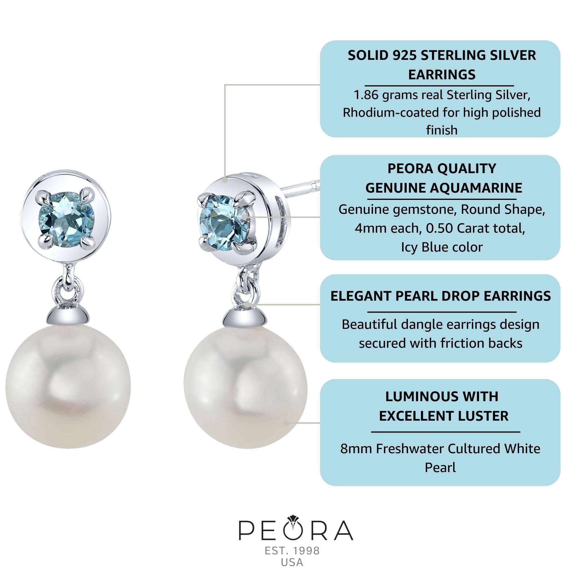 Peora 8mm Freshwater Cultured White Pearl and Aquamarine Dangle Drop Earrings 925 Sterling Silver, March Birthstone