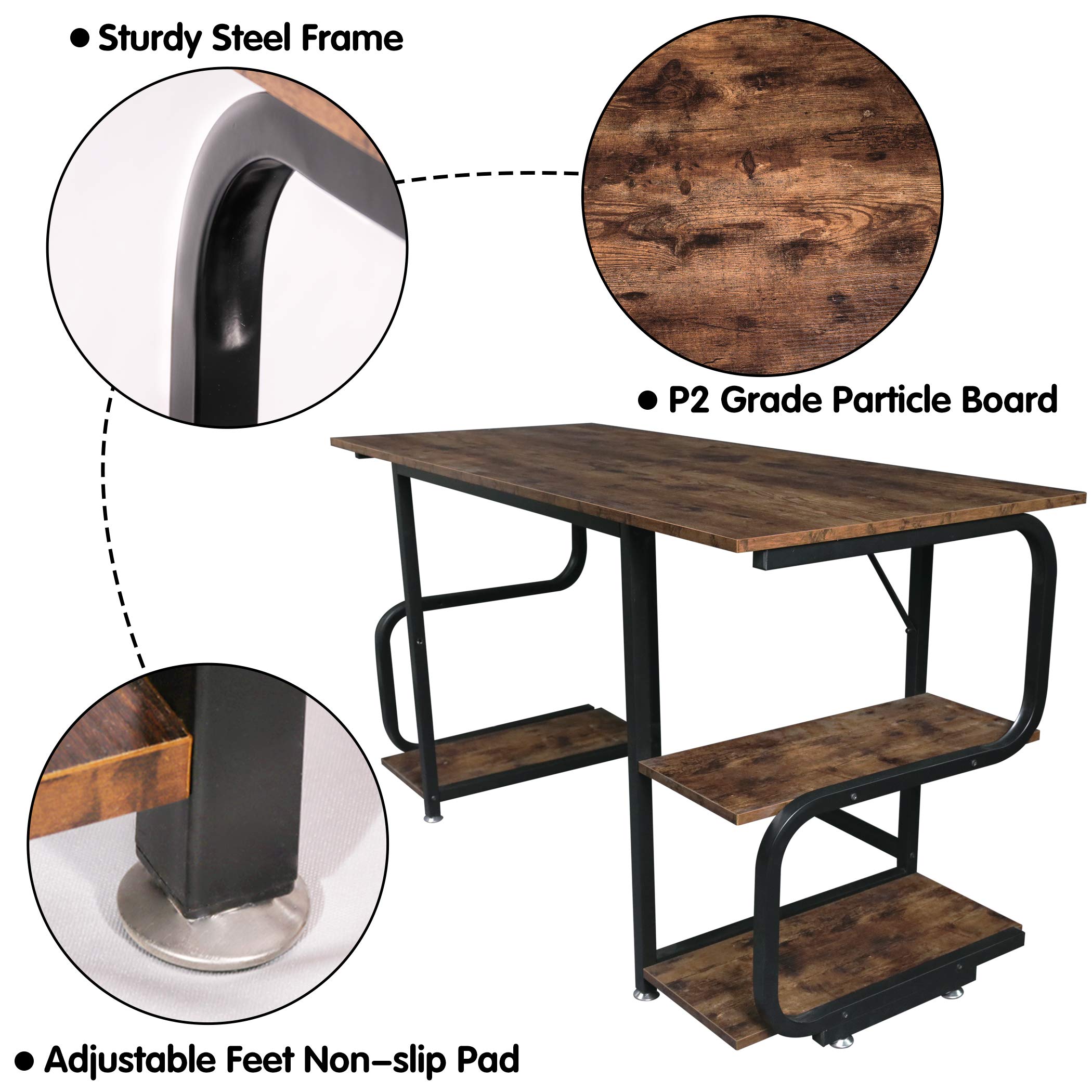 Lavievert 55 inch Computer Desk with Storage Shelves, Study Writing Table, PC Laptop Desk Workstation for Home & Office - Rustic Brown