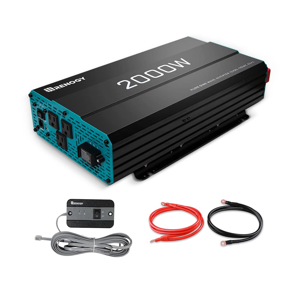 Renogy 2000W Pure Sine Wave Inverter 12V DC to 120V AC Converter & 12 Volt Solar Panel 100 Watt High-Efficiency Monocrystalline Module PV Charger