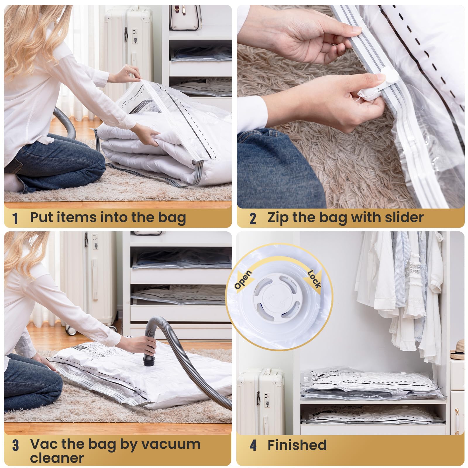TAILI Long Side Zip - 8 Extra Large Vacuum Storage Bags for Bedding for Towels, Blankets, Pillows or Clothes-Space Saver Vacuum Seal Bags for Clothing Ideal Under Bed Storage Solution