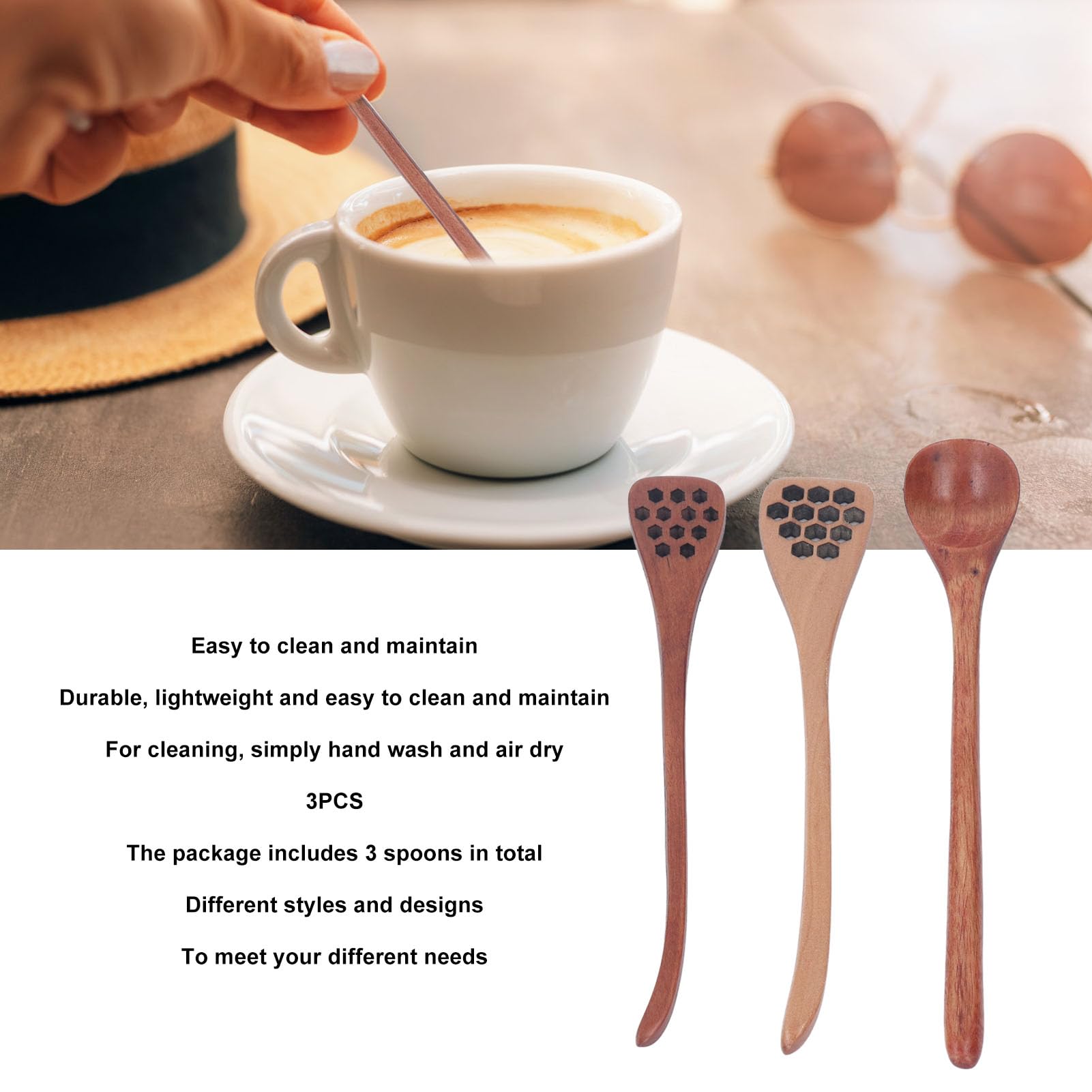 Wooden Honey Dipper Stick Set of 3 Long Handle Reusable, Coffee Stirring Spoons, for Honey & Tea
