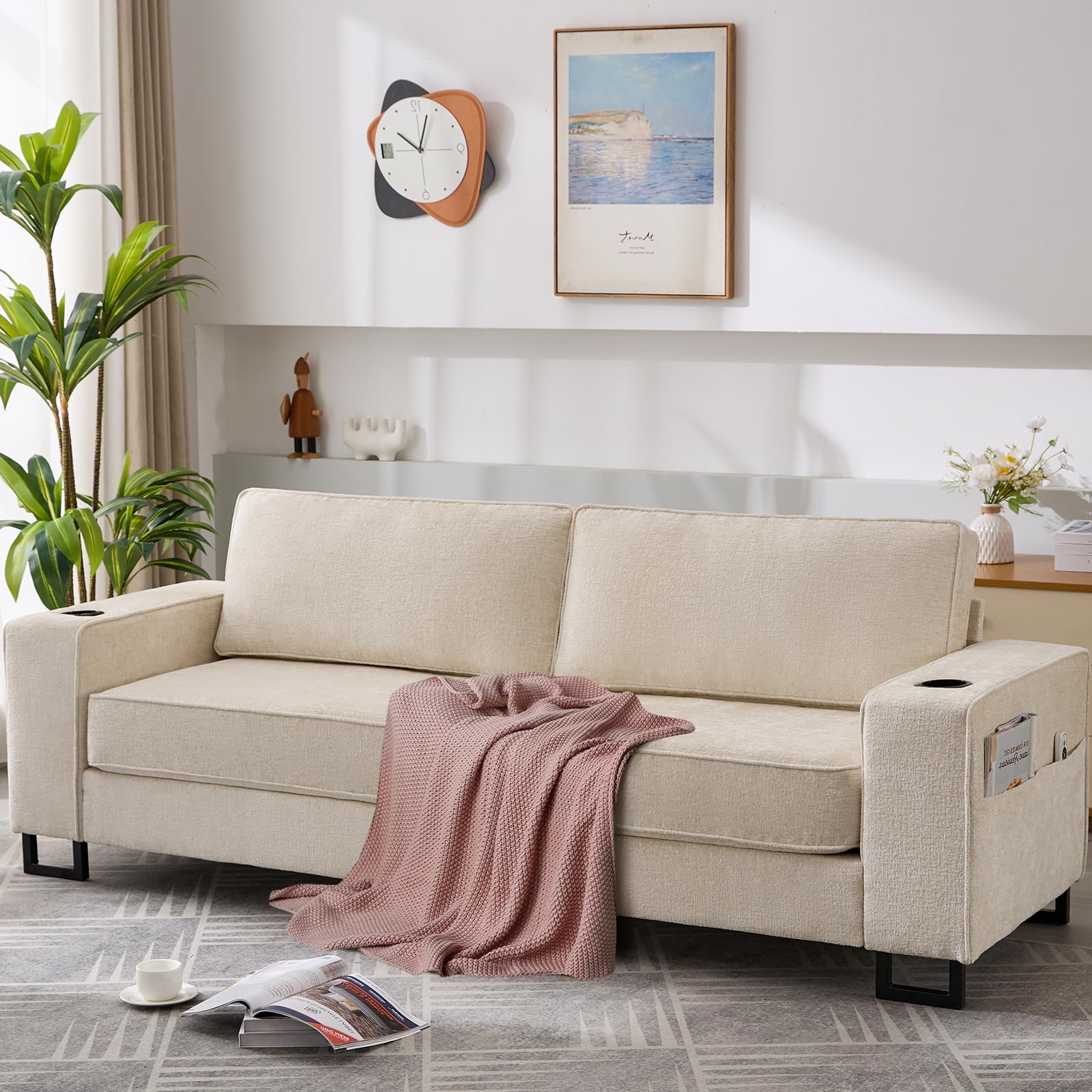 WOTSTA 91.3" Chenille Loveseat Sofa, Deep Seat Couch with Side Pockets & Cup Holders, Modern Sofa Couch with Square Armrest, Comfy Lounge Sofa for Living Room, Bedroom, Small Spaces (Beige)