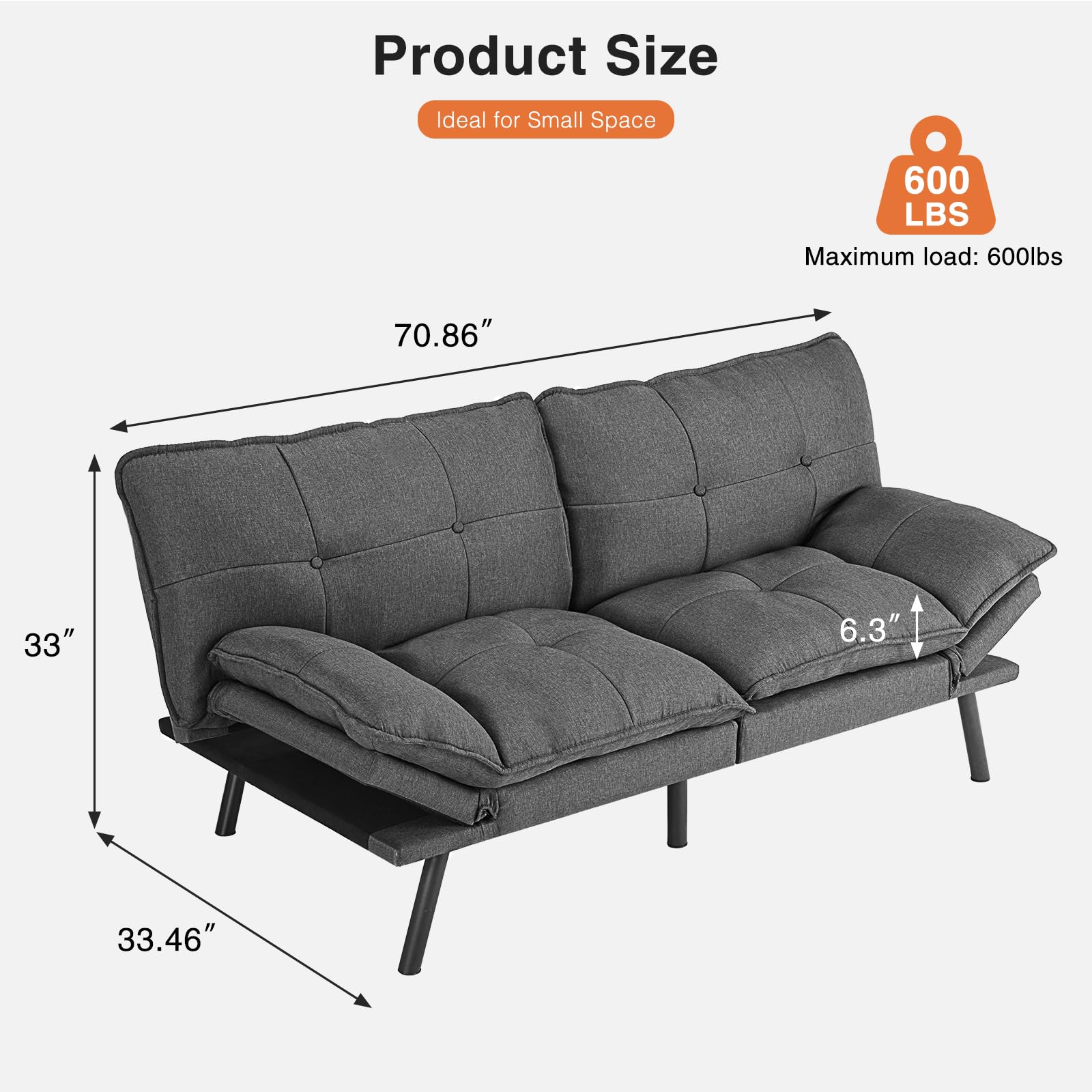 Sweetcrispy Sofa Couch, Futon Sofa Bed, Loveseat Sleeper Futon for Living Room, Foldable Memory Foam Furniture, Convertible Full Size Sofa, Adjustable Backrest and Armrests, Linen, Dark Grey