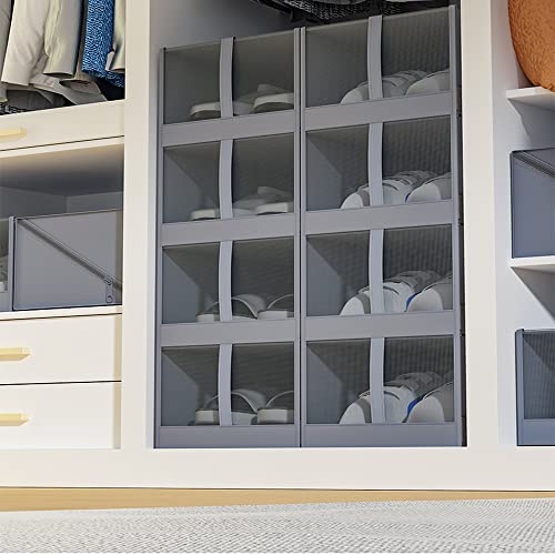 Yagizaai Bayou Fabric Shoe Box, 4 PCS Collapsible Stackable Breathable shoe storage organizer boxes with Clear Window and Handle, Upgraded Shoe Bin & Holder for Up to Size 10